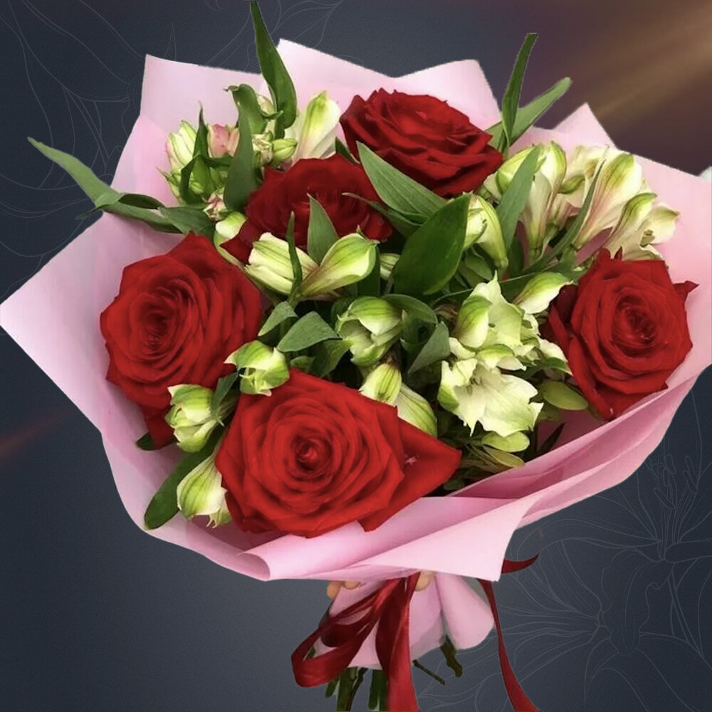 Ася M- сборный букет из красных роз и белой альстромерии в матовой пленке с атласной лентой от 2name Flowers