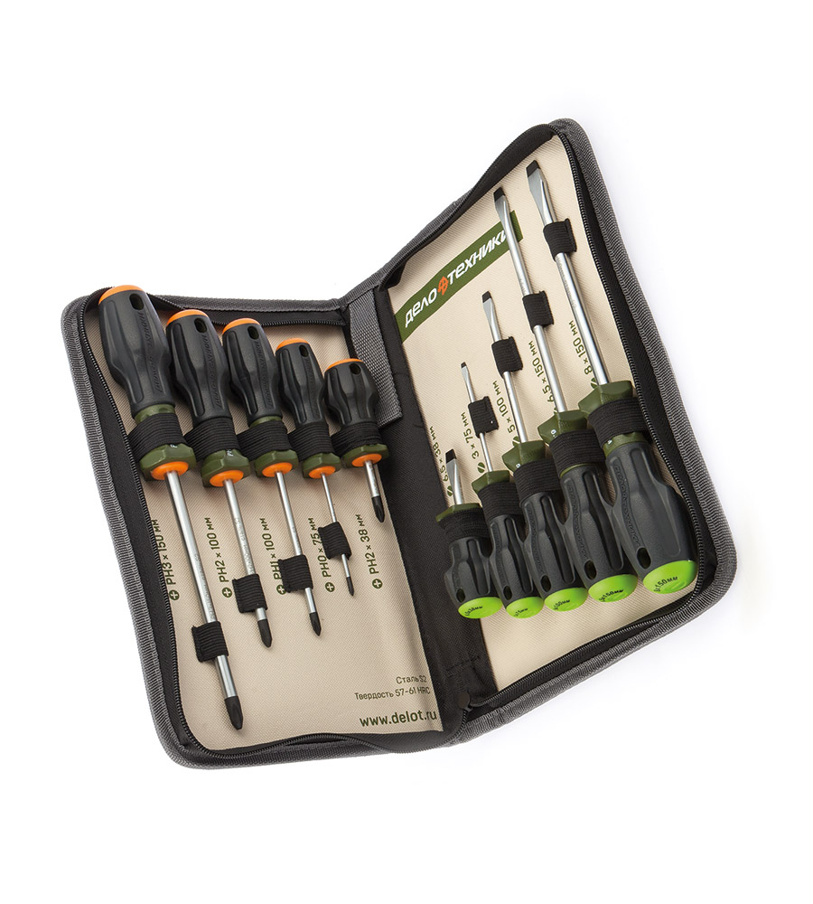 Набор отвёрток c трехкомпонентными рукоятками PH, SL; 10 штук , 728100, Дело Техники, чехол.