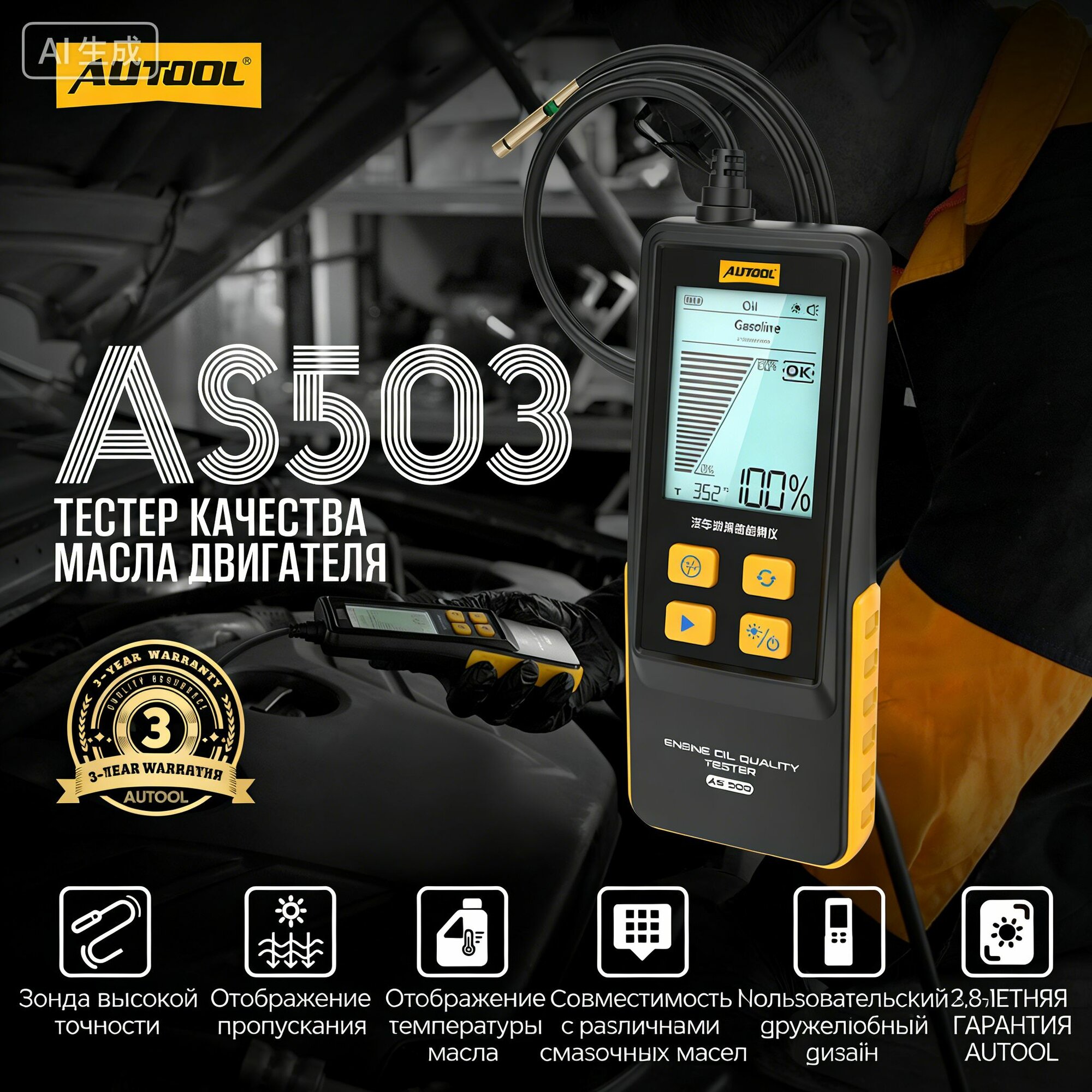 Цифровой тестер моторного масла AUTOOL AS503 — измерение прозрачности и температуры для бензиновых и дизельных авто