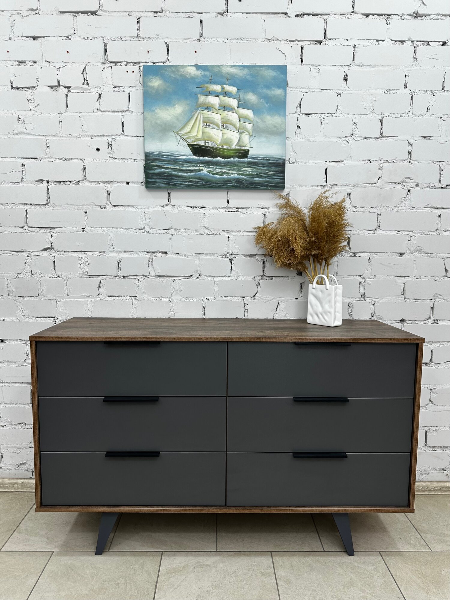 Комод Мебельнов "Чикаго", 6 ящиков, шариковые направляющие, дуб коми/графит, 135 см x 46 см x 82 см