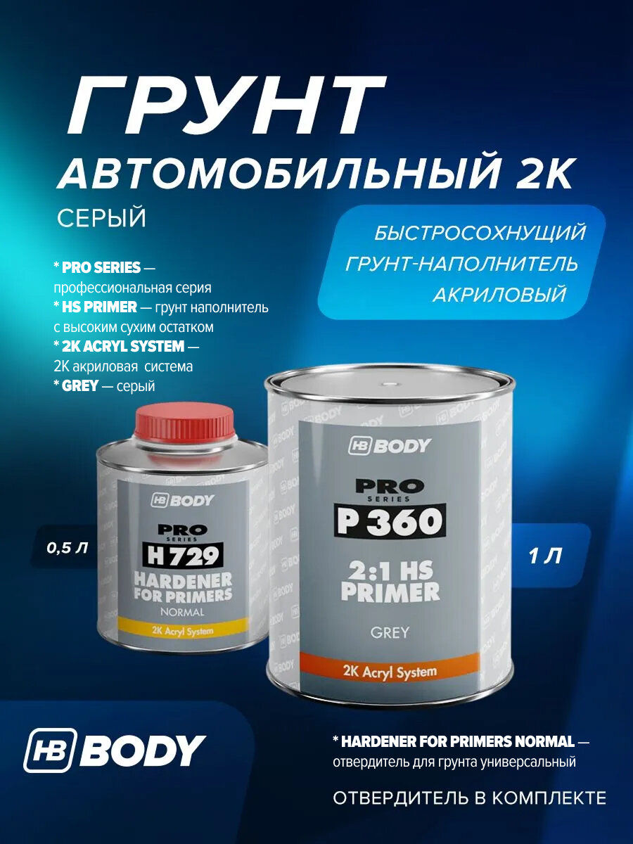 Грунтовка для автомобиля акриловая 2K HS серая 1 л + 0,5 л отвердитель, мокрый по мокрому, HB BODY 360 автогрунтовка