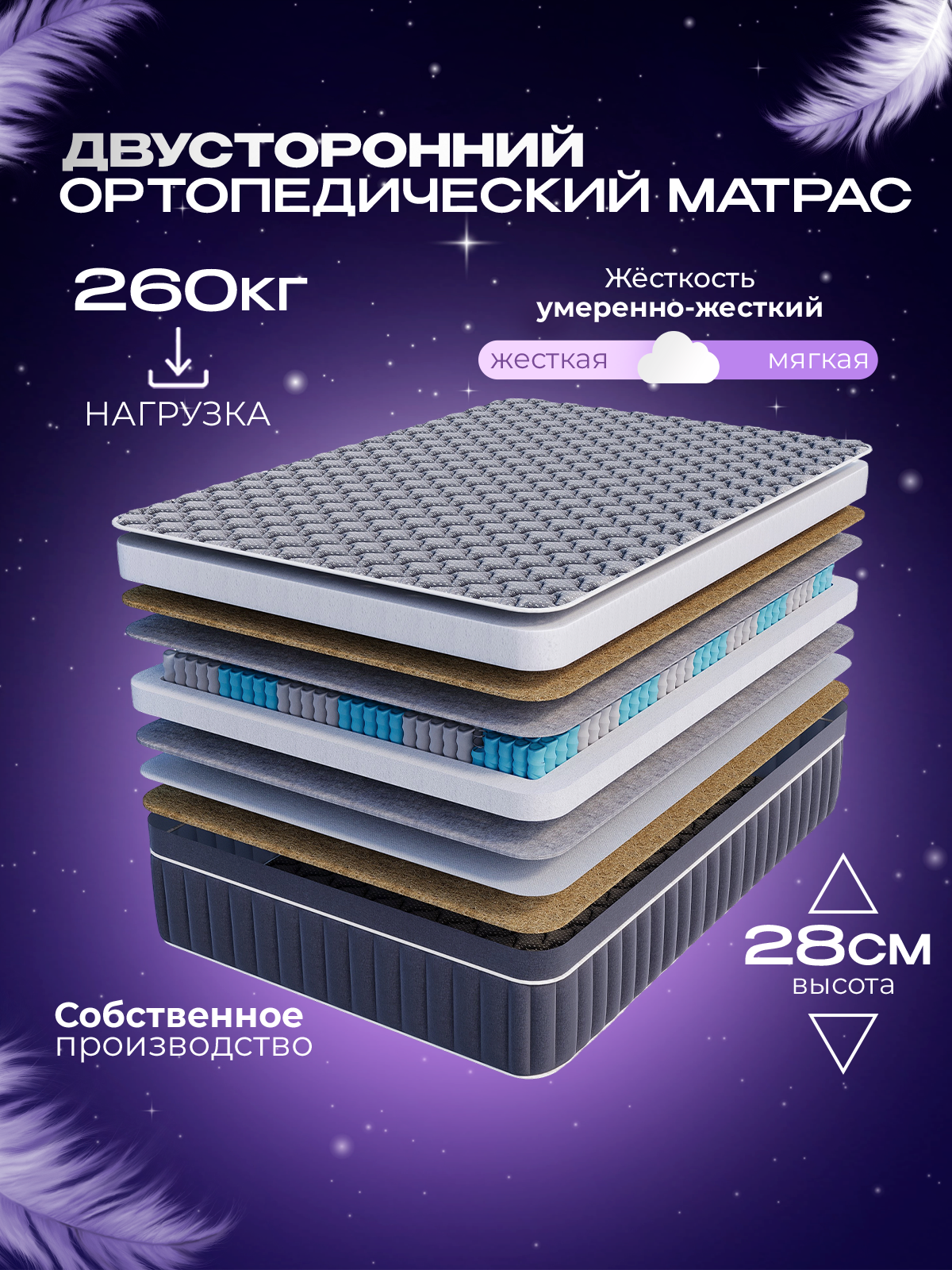 Матрас пружинный 180x200 см высота 28 см Vitaflex Ortho Dream Sk ортопедический с кокосом двуспальный
