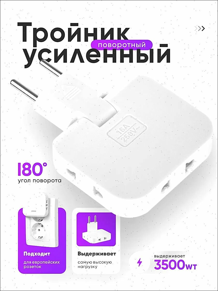 Тройник плоский поворотный 180, для розетки усиленный, переходник