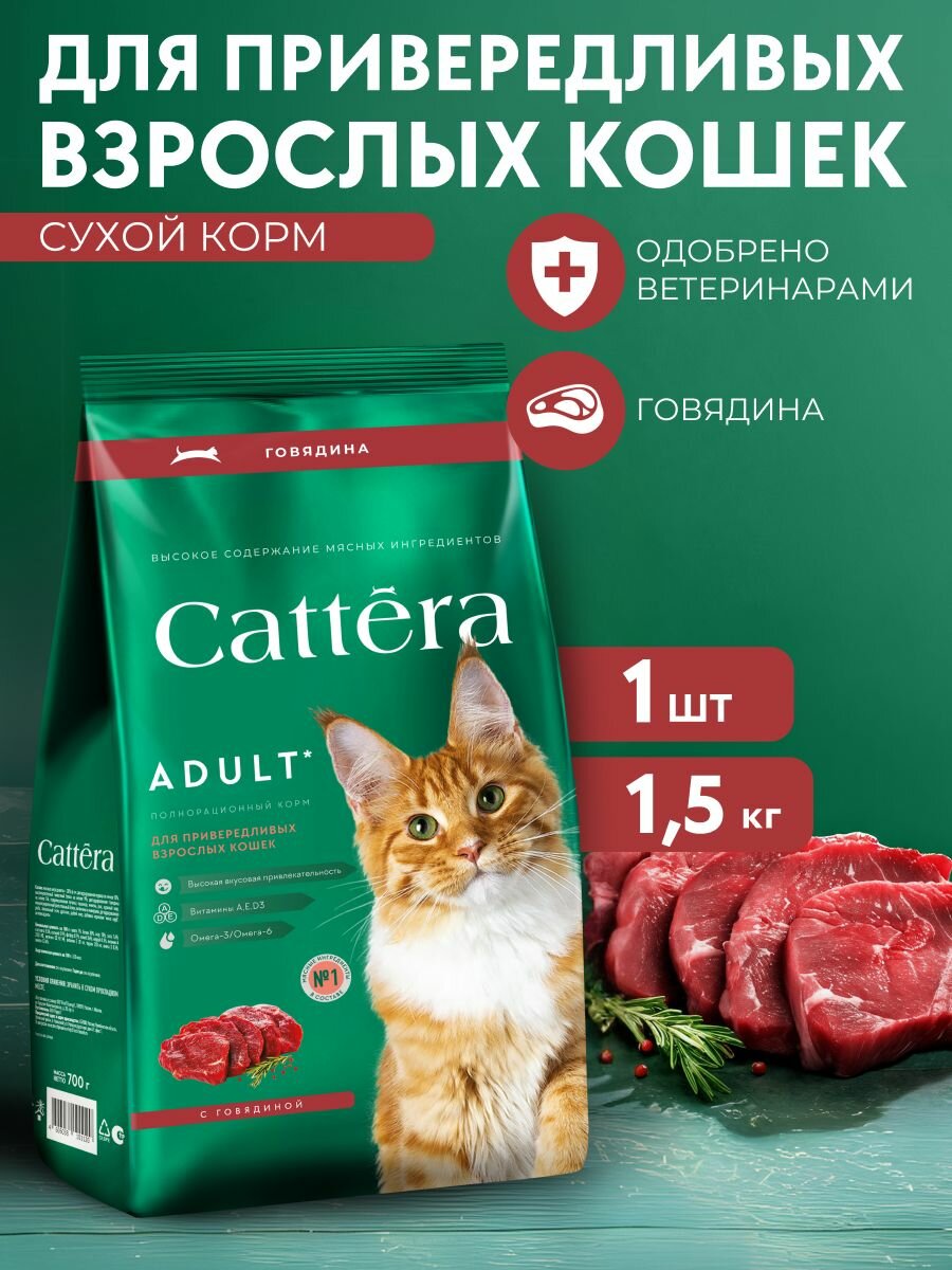 Cattera Корм сухой полнорационный для взрослых кошек с говядиной 1,5 кг взрослые кошки говядина полнорационный