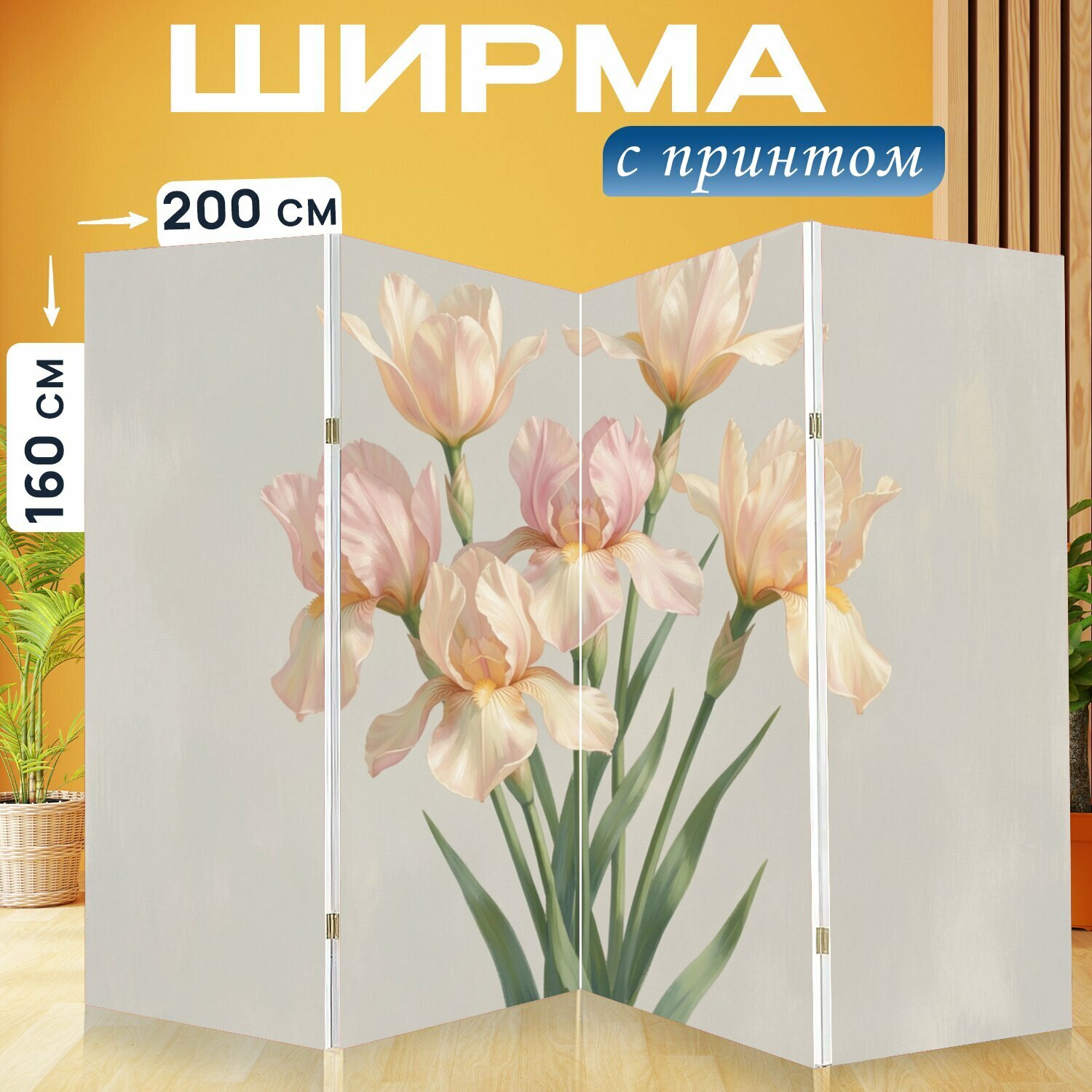 Ширма "Нежные ирисы в пастельных тонах. Изящные цветы с тонкими лепестками в мягких розово-кремовых оттенках." перегородка для зонирования комнаты с принтом 200x160 см. на холсте