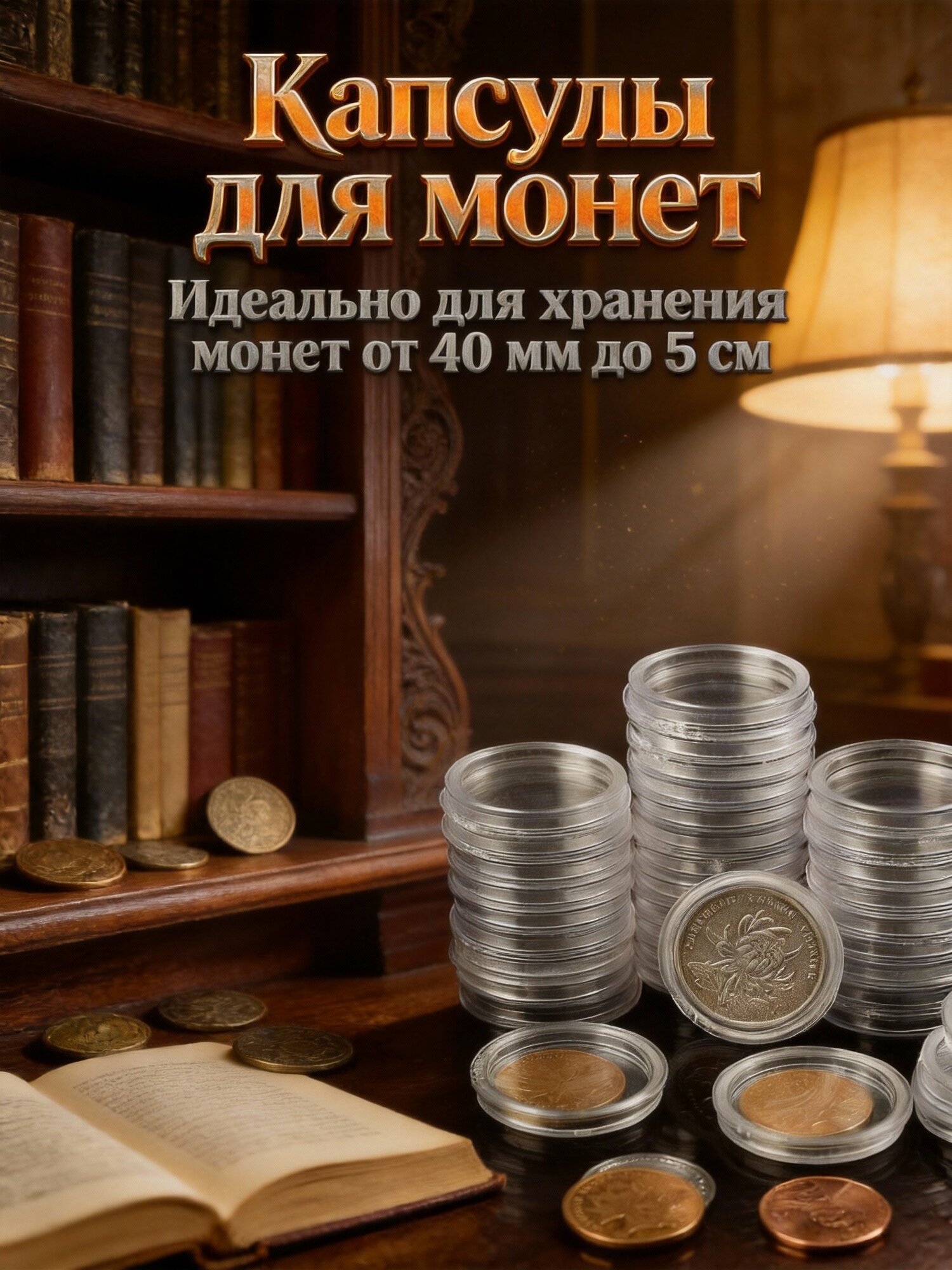 Капсула для монет, прозрачная пластиковая с выемкой для открытия — набор 5 шт, внутренние диаметры 32 33 35 36 37 38 40 мм, плотное соединение крышки