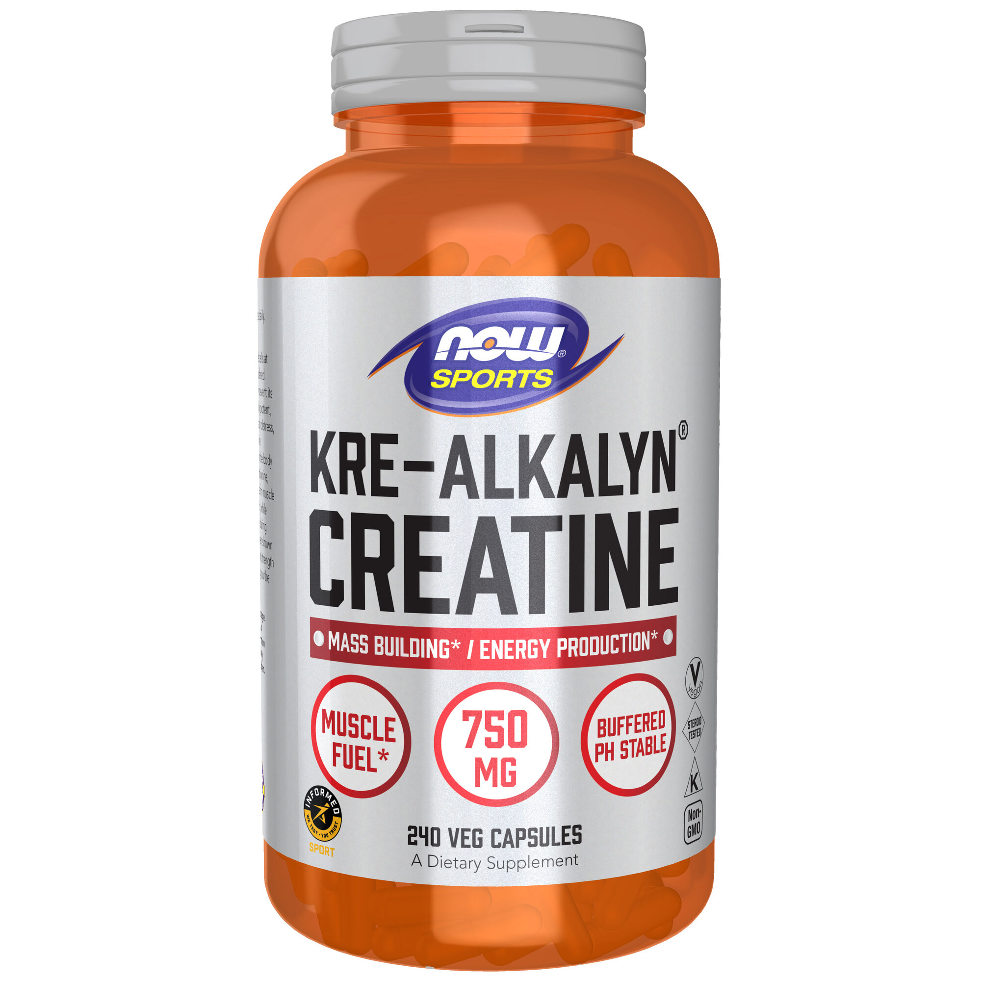 NOW Kre-Alkalyn Creatine 750 мг, креатин моногидрат, 240 капсул, спортивное питание для набора мышечной массы