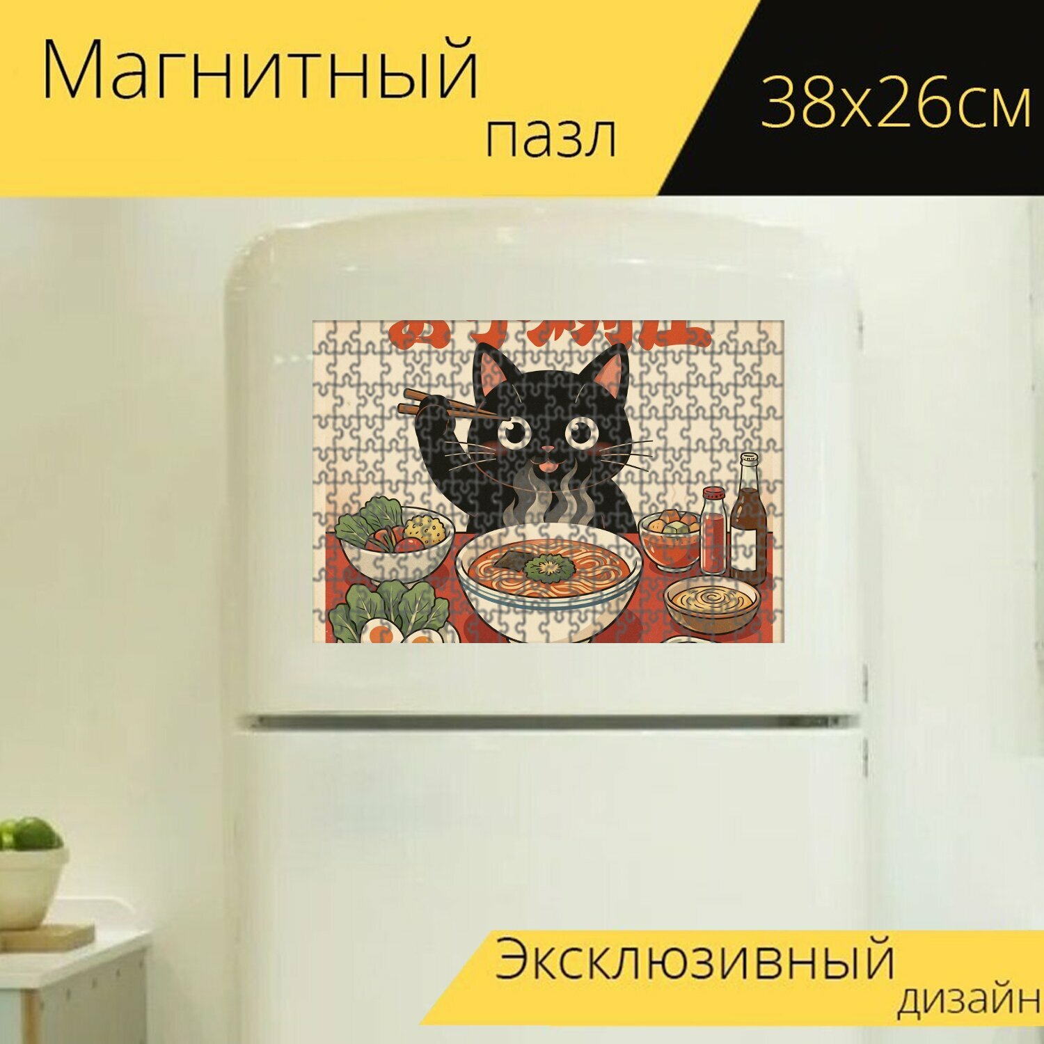 Магнитный пазл "Черный кот с раменом. Милый японский персонаж с палочками за столом, тарелка горячей лапши, закуски, яйца, соусы и напитки. Винтажная." для интерьера, 38х26 см.