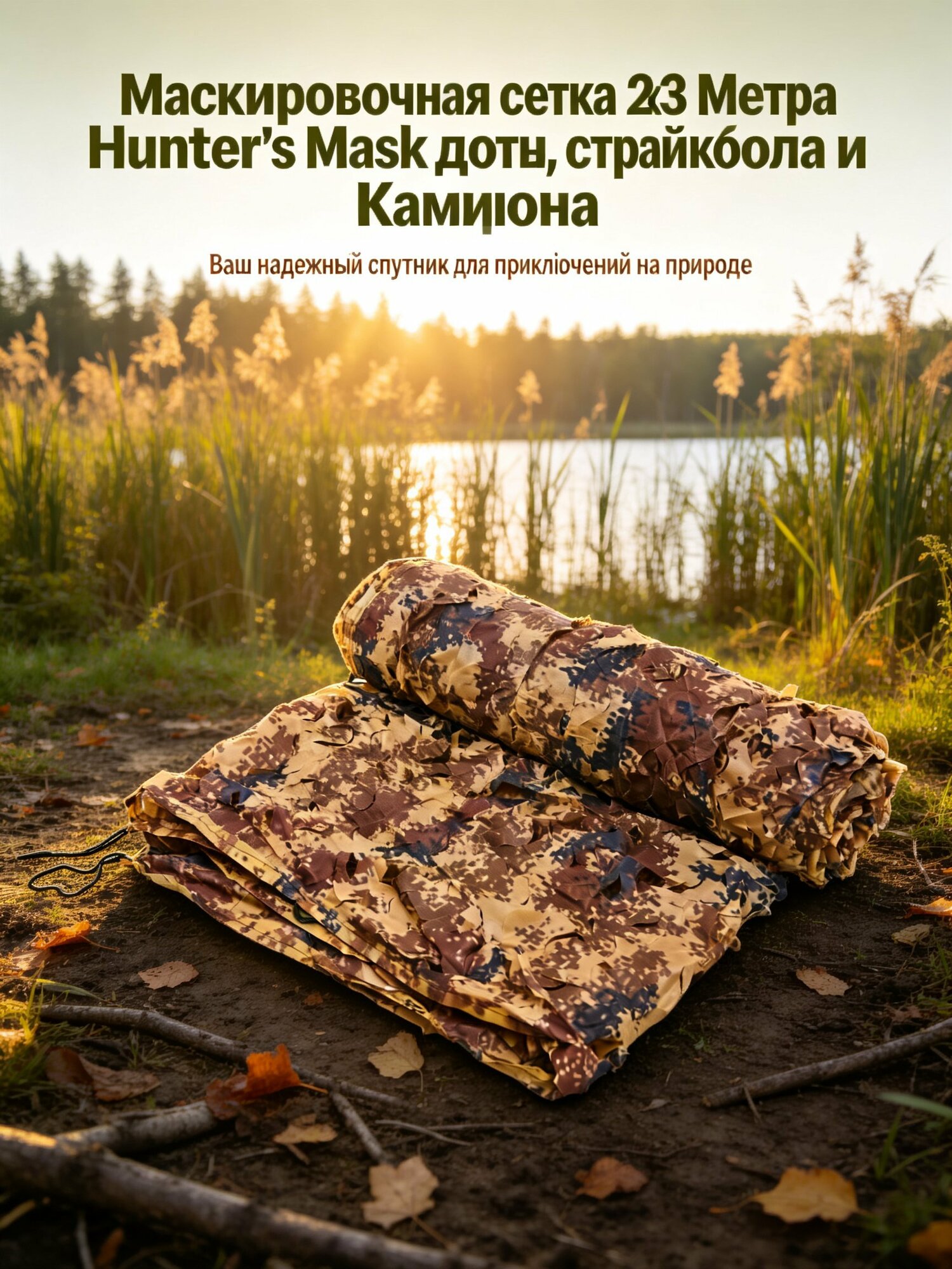 Маскировочная сетка 2х3 метра Hunter's Mask, камуфляж Камыш для охоты, страйкбола и дачи с защитой от солнца и ультрафиолета
