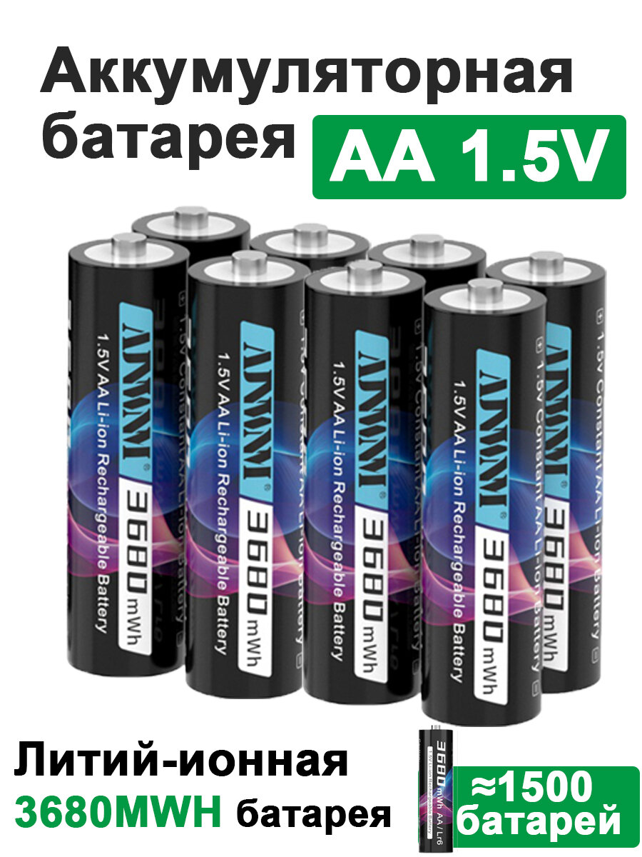 Аккумуляторные батарейки AJNWNM 3680мWч (HR06) AA Li-ion пальчиковые 1,5V, 8шт + Коробка