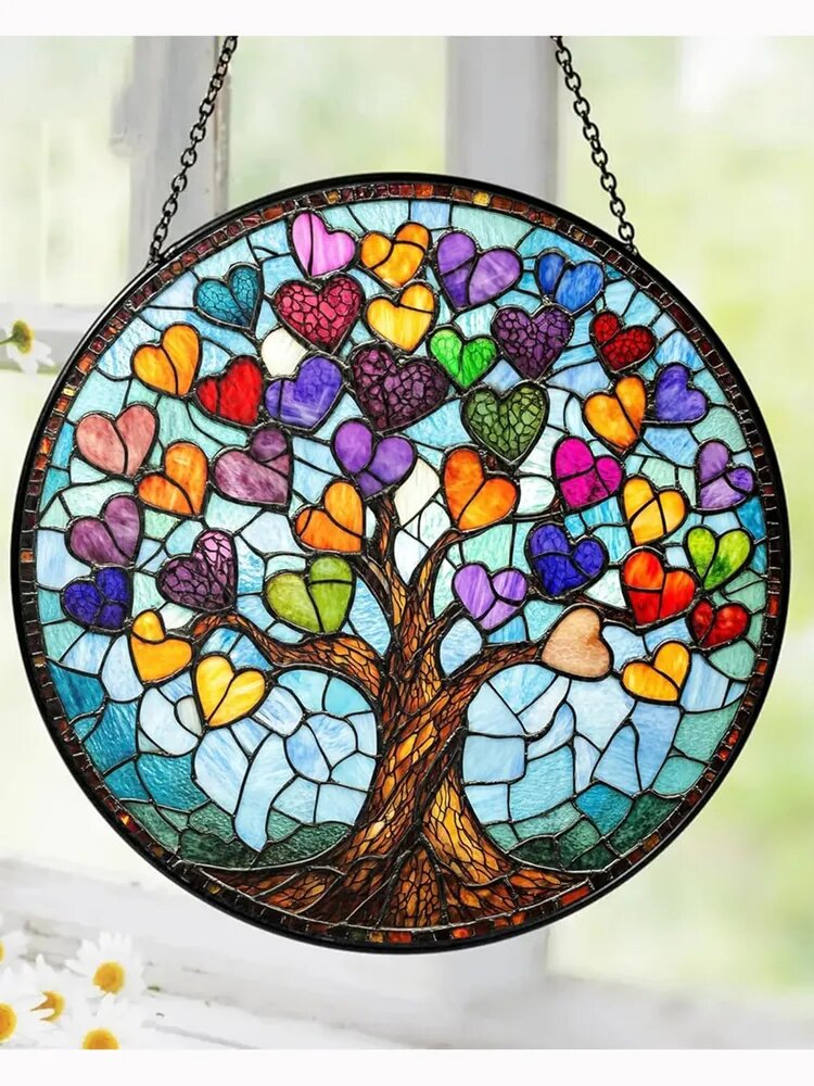 Древо жизни витраж 15 см, подвеска для окна