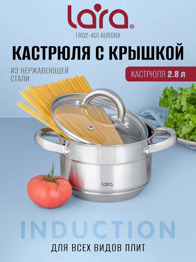 Кастрюля с крышкой 8 л LARA Aurora из нержавеющей стали, для всех видов плит, в т. ч. индукционных плит LR02-405
