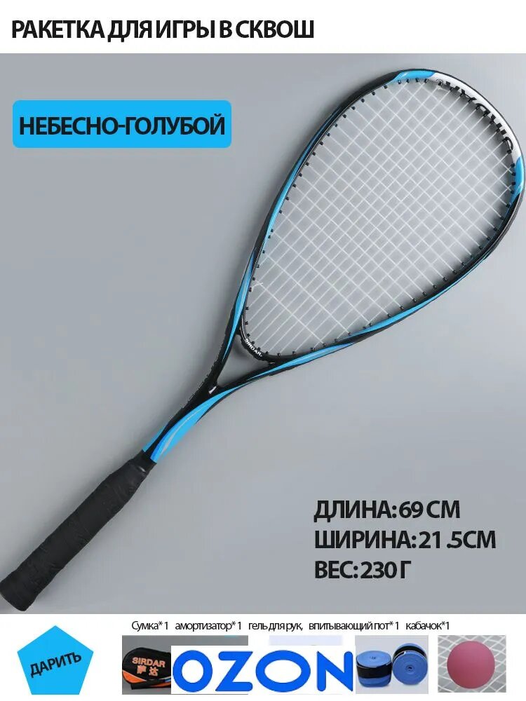 Ракетка для сквоша, Длина: 69 см, Ширина: 21.5 см, Вес: 230 г, Черный, лазурный