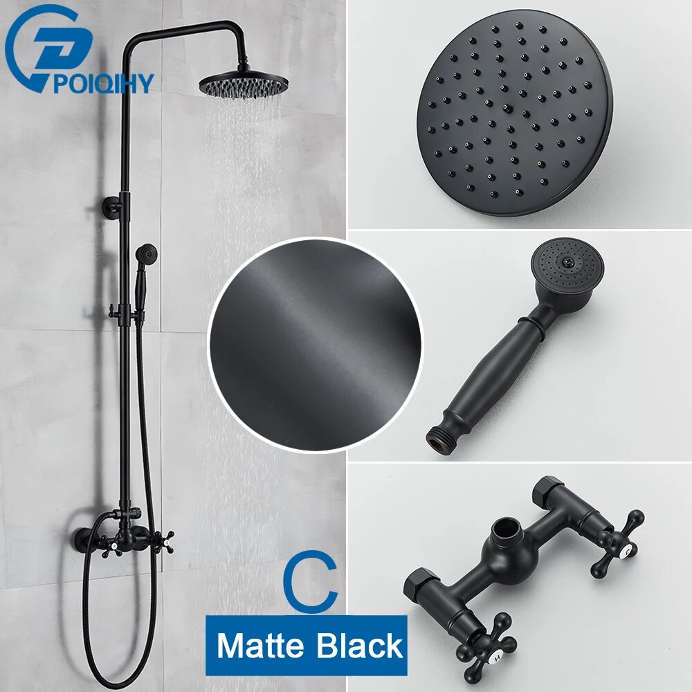 POIQIHY ORB Черный душевой кран для ванной комнаты в стене 8" Дождевальный душ из латунь Комплект для душа Кран смеситель Воронка для ванны Комплект для душа Двух ручек-Матовый черный C pt