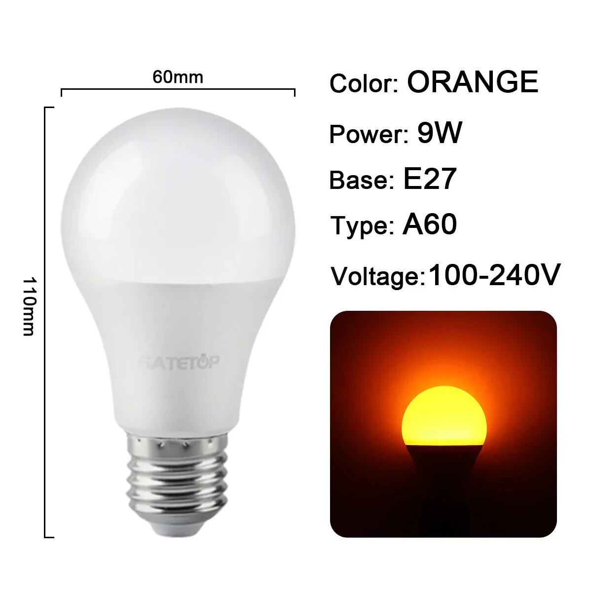 Светодиодная лампа Gatetop A60 E27 ORANGE 9W