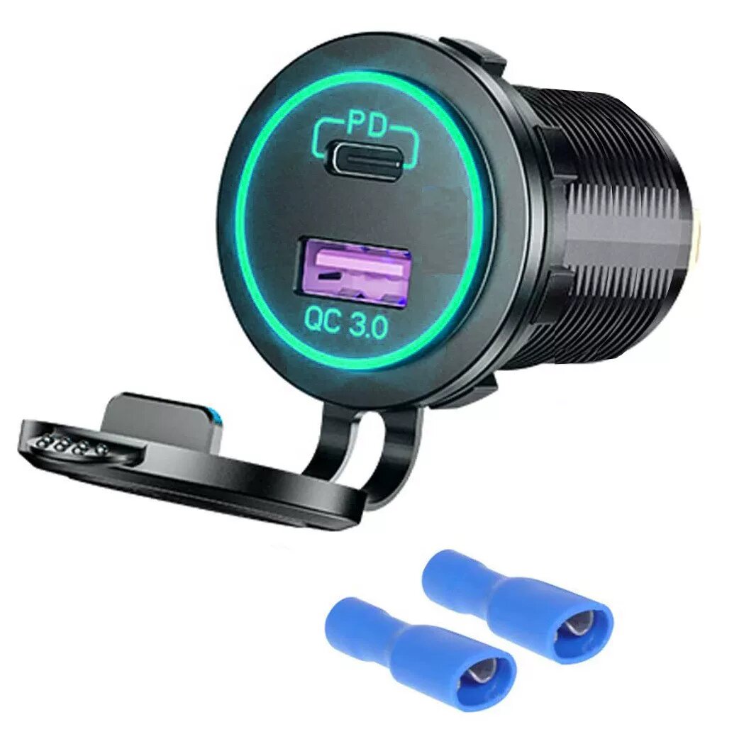 Автомобильное зарядное устройство с быстрым зарядом QC3.0 и PD, зеленый светодиод, без кабеля, входное напряжение