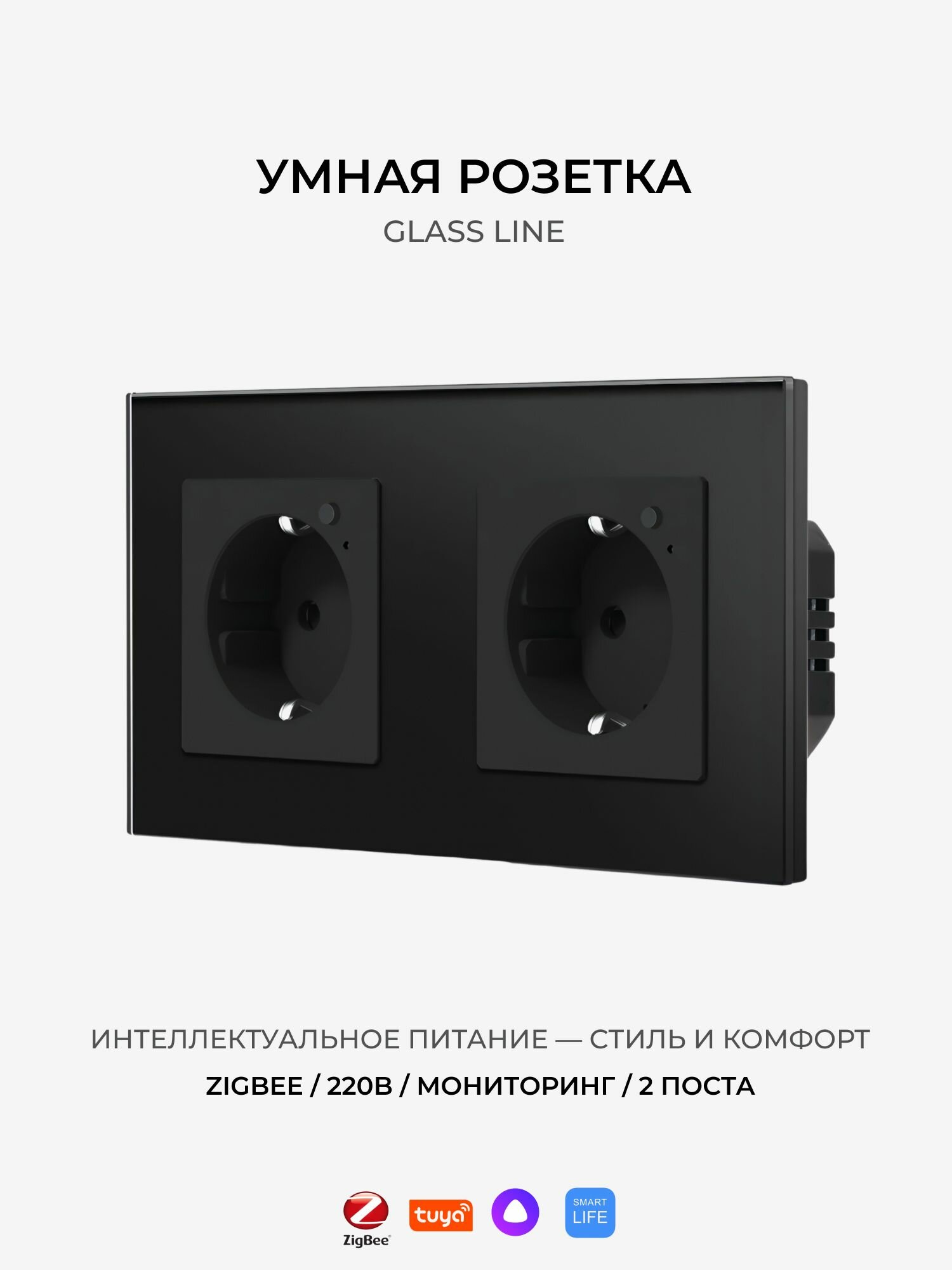 Умная розетка Zigbee встраиваемая, черная, 2 поста, с мониторингом