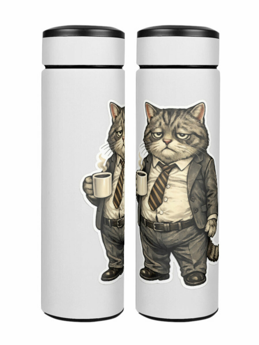 Термос «Деловой Кот в костюме с кофе» (белый)