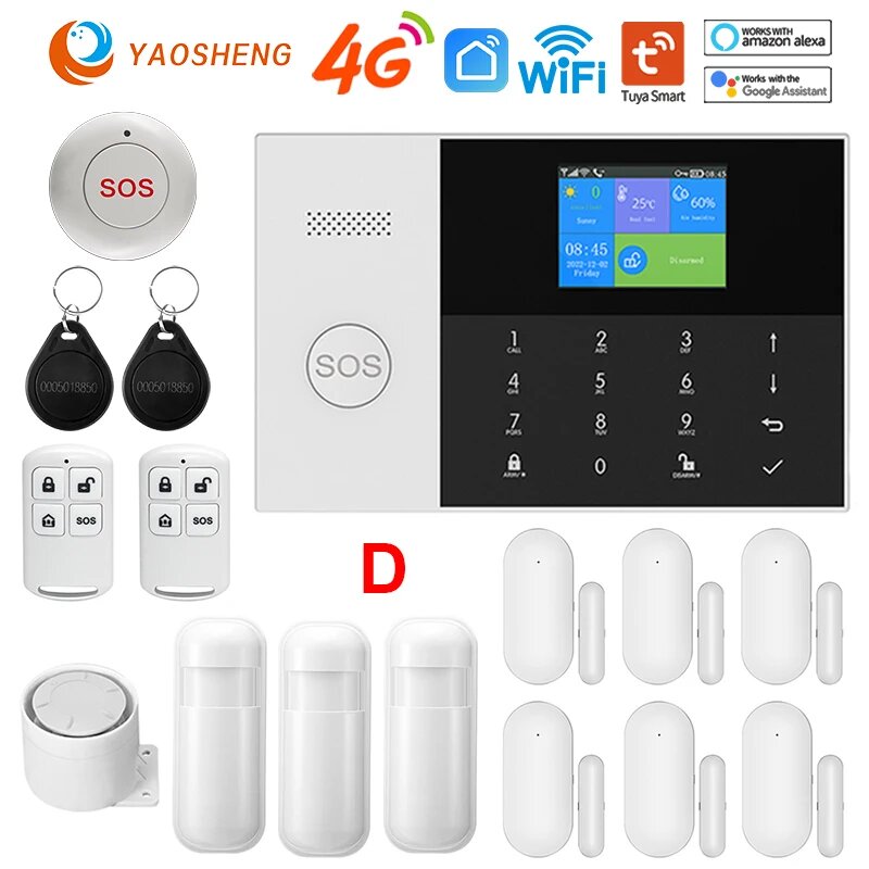 Система безопасности 4G-сигнализации для дома WIFI Alarme Residencial Wireless Home Alarm для умной жизни Tuya с датчиком двери, совместимая с Alexa-D