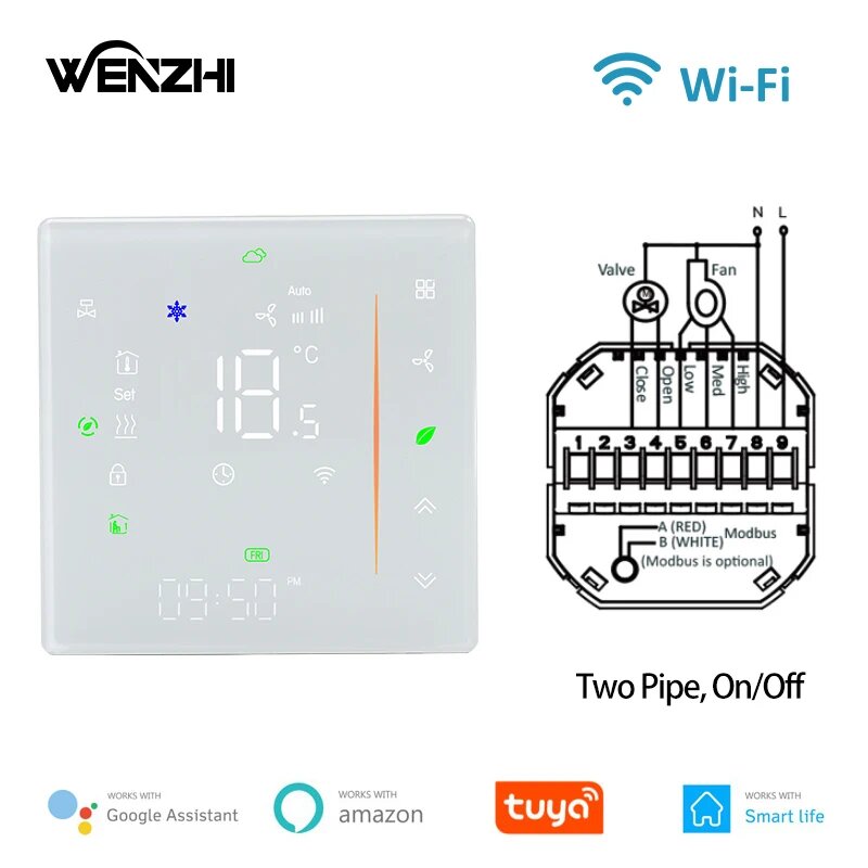 Термостат для кондиционера Zigbee/Wifi, вентиляторно-коилевый блок, контроллер температуры труб для охлаждения/нагрева дома, управление через умную жизнь Tuya - белый, 2 трубы, wifi