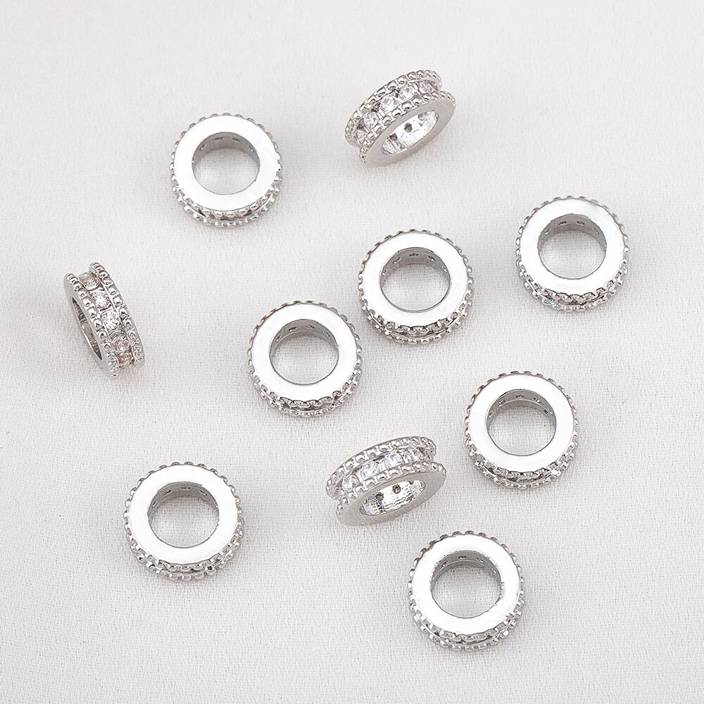 Разделительные бусины круглые с цирконом, 9.5x3.3 мм, 5 шт, Rhodium color