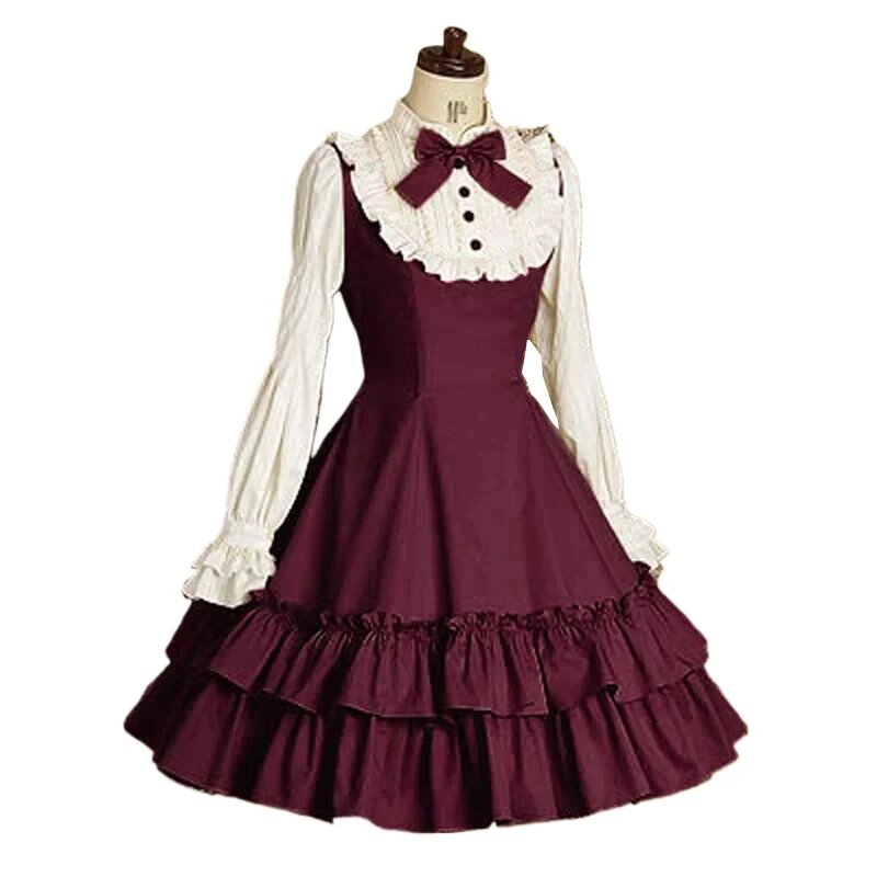 Бордовое платье Лолита с кружевом, рукава Red White Sleeve, M