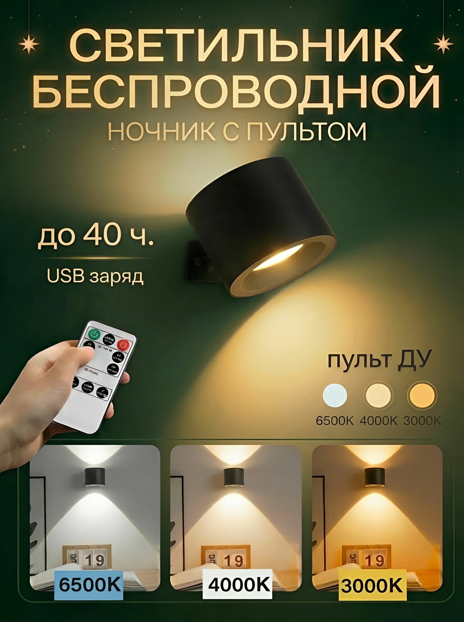 Светильник настенный, светодиодный, беспроводной с пультом ДУ и ночником. LED бра с аккумулятором. Спот на магните с лампой на стену, прикроватный для спальни и гостиной