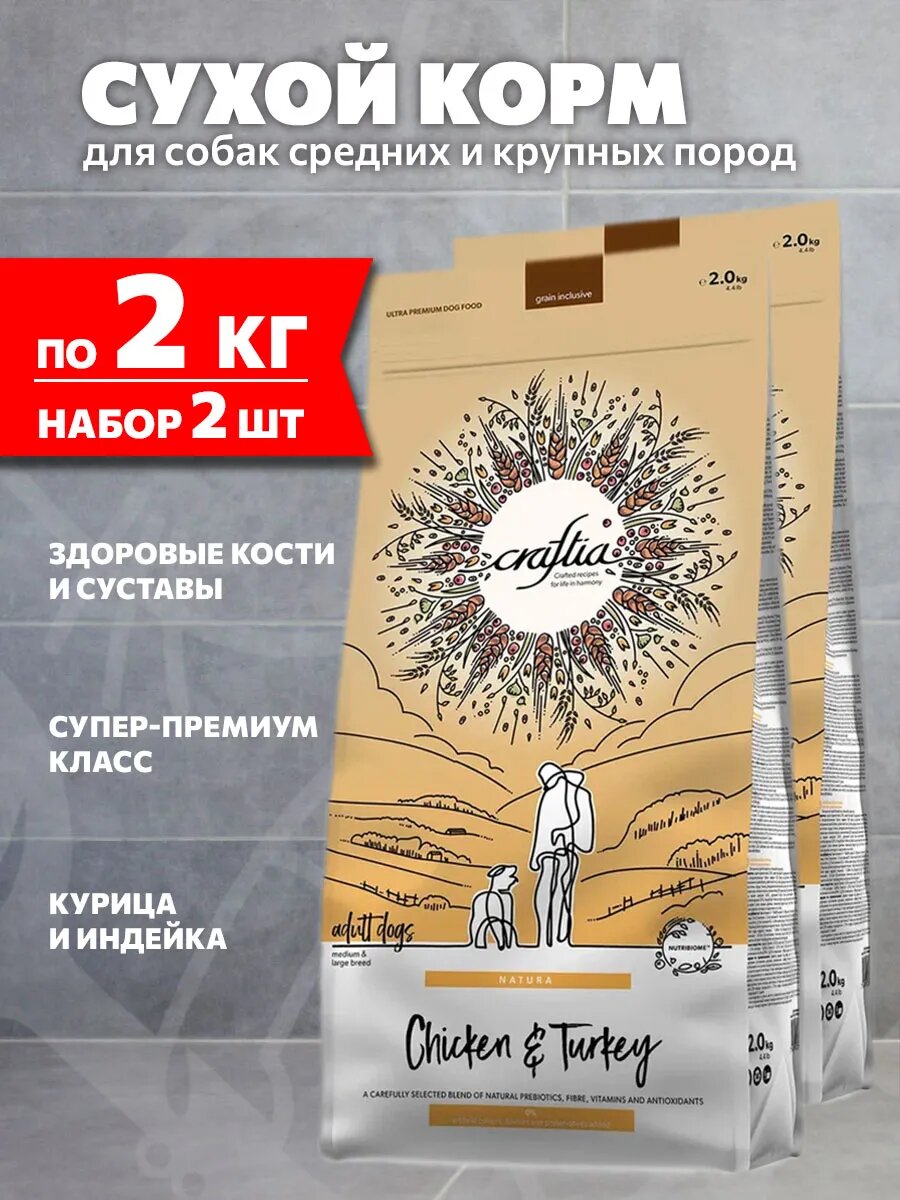 Корм сухой Craftia Natura Dog Medium & Large Breed для собак средних и крупных пород, курица и индейка, 2 кг х 2 шт