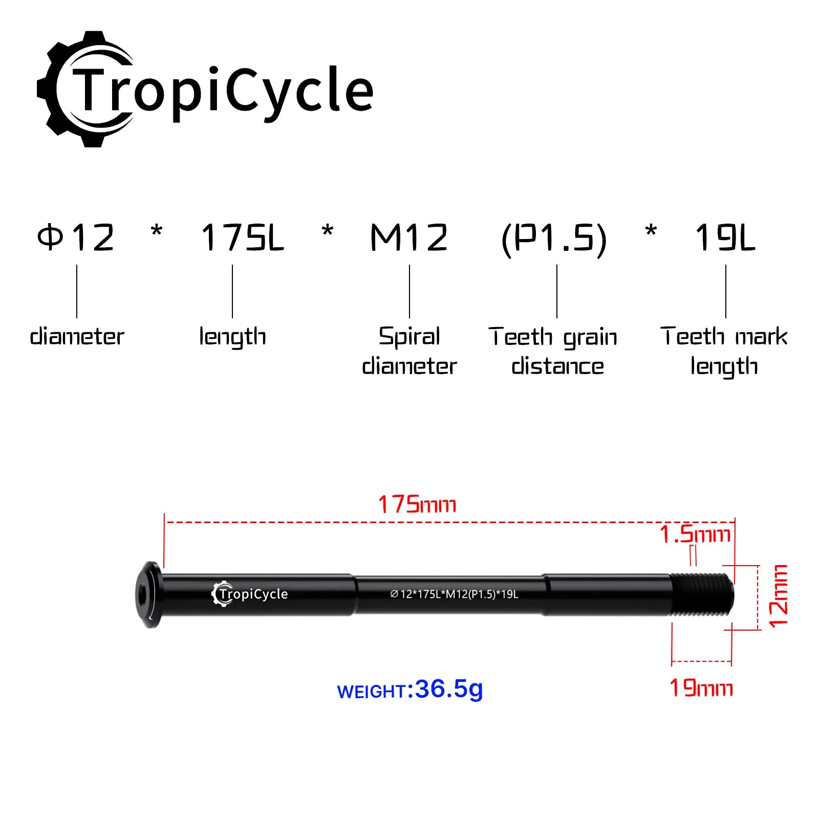 Tropicycle Ось передней вилки MTB 12x175L M12x1.5 TL19