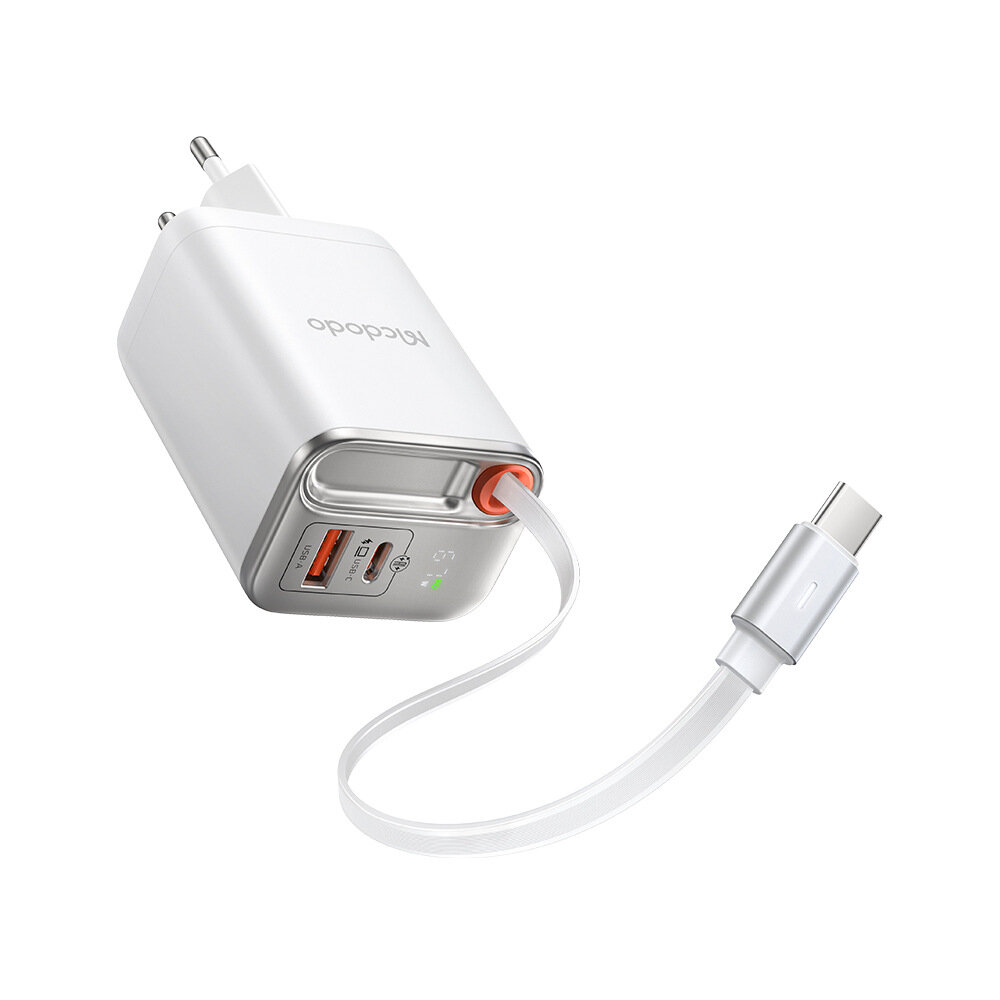 Зарядное устройство Mcdodo FreeGo 67W GaN со встроенным выдвижным кабелем Type-C, 3 порта, быстрая зарядка, дисплей