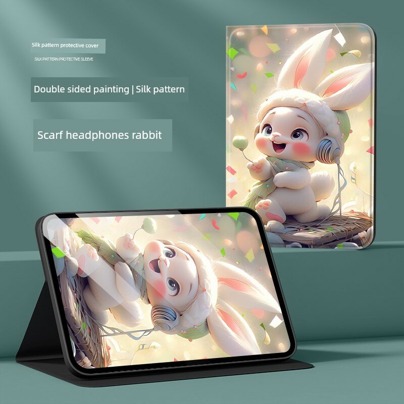 Чехол для iPad mini 6/7 8.3-дюймов, шарф, дизайн кролика с наушниками, в комплекте закаленное стекло