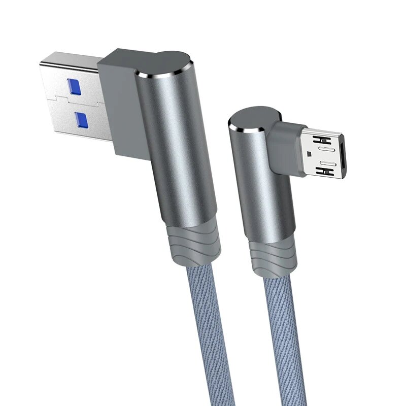 USB-кабель Micro 3A с угловым разъемом 90 градусов для быстрой зарядки и передачи 1 м, Серый, серый