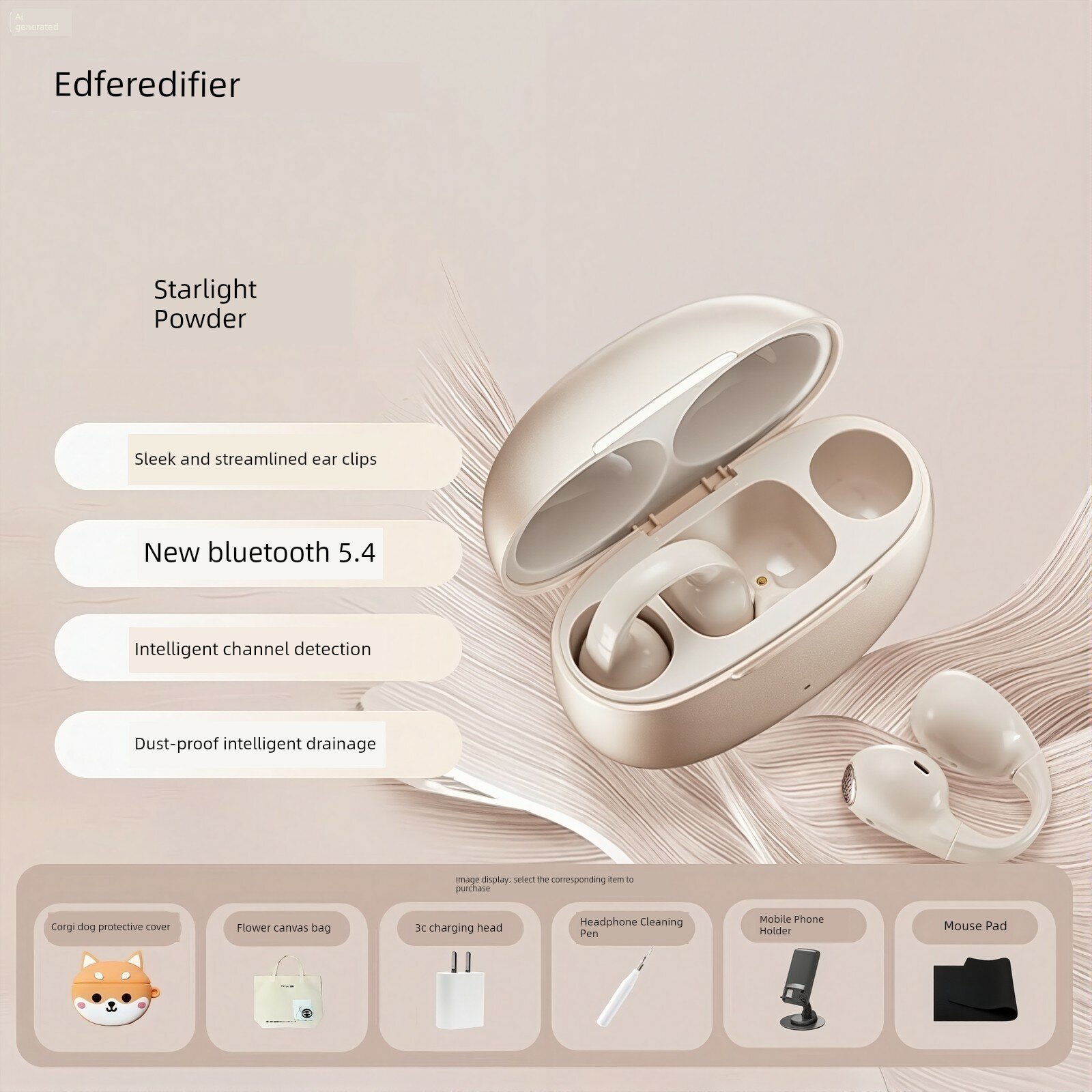 Edifier Comfo Clip Открытые наушники беспроводные Bluetooth для спорта и игр - Пакет 2, Звездный розовый
