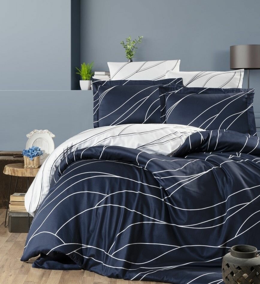 Постельное белье FIRST CHOICE MESI NAVY BLUE (синий) евро, сатин