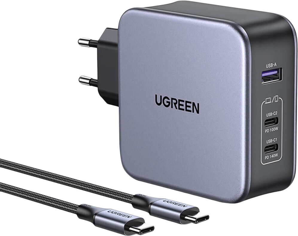 Сетевое зарядное устройство UGREEN CD289 USB-A+2*USB-C 140Вт, GaN Tech Fast Charger, с кабелем USB-C - USB-C, 2м, черный