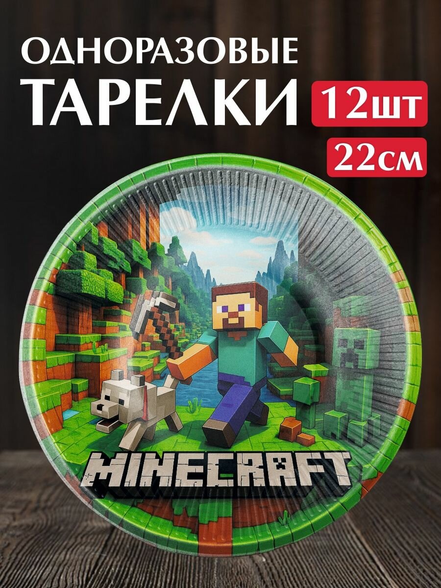 Одноразовые тарелки для детского праздника на день рождения "Майнкрафт". Набор 12 штук. Сервировка праздничного стола.