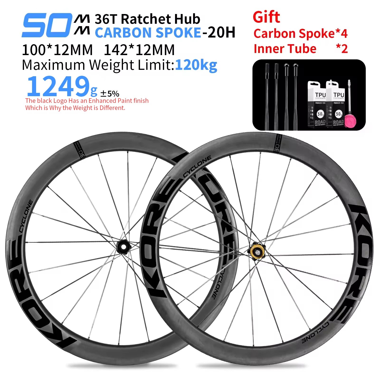 KORE Карбоновые колеса 50 мм 700C 36T ratchet, HG(SHIMAN0 9-12S), Black Carbon Spoke