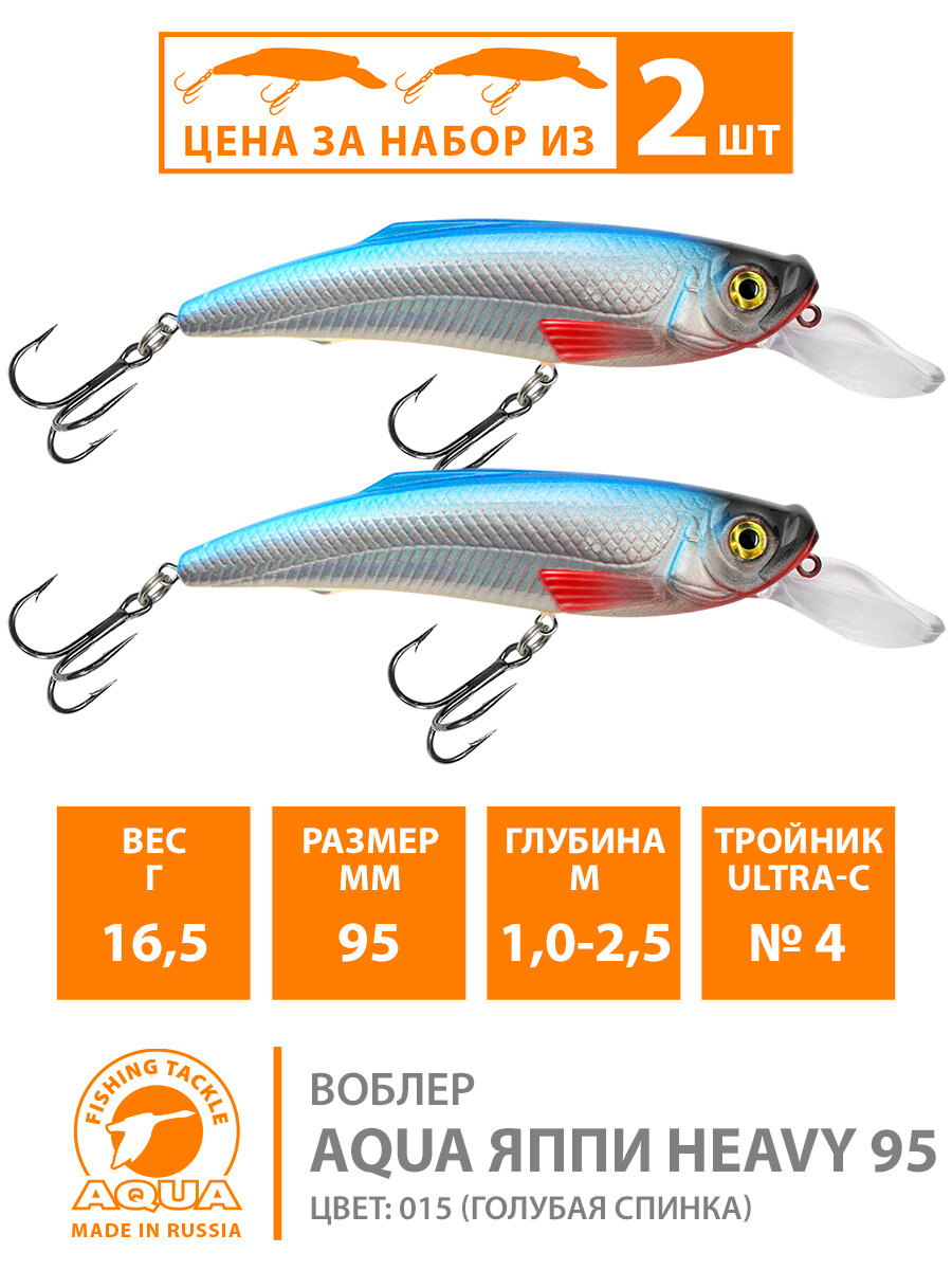Воблеры для рыбалки на щуку, судака, окуня AQUA Яппи Heavy 95mm 16.5g. Воблер для троллинга, спиннинга. Цвет 015 2шт