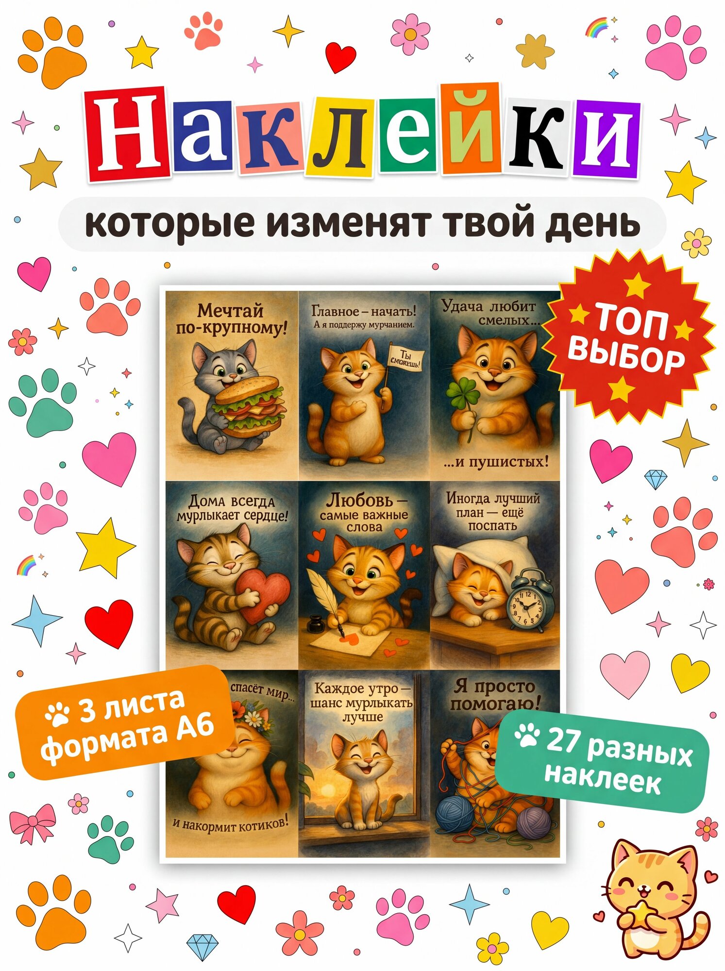 Детские Наклейки стикеры котики c цитатами