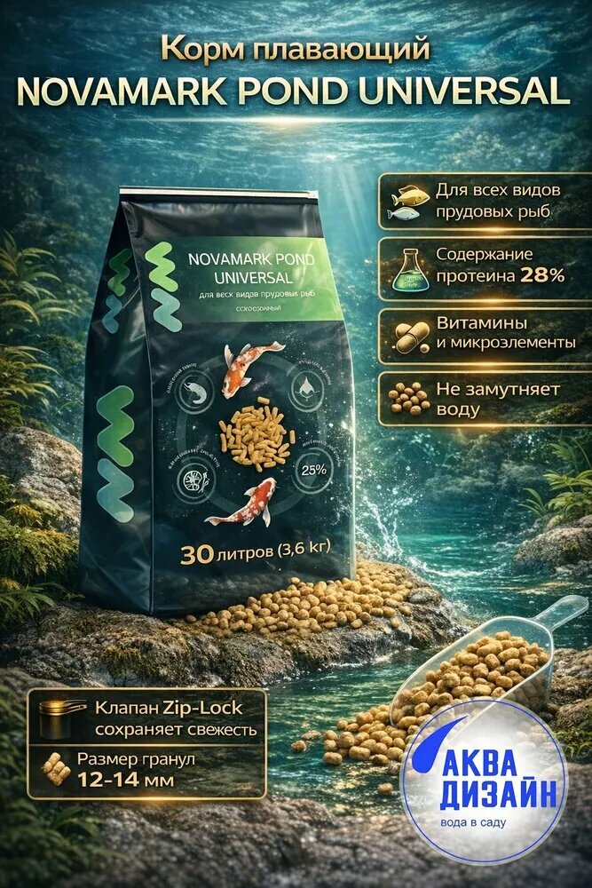 Корм плавающий NOVAMARK POND UNIVERSAL для всех видов прудовых рыб 30л.(3,6кг)