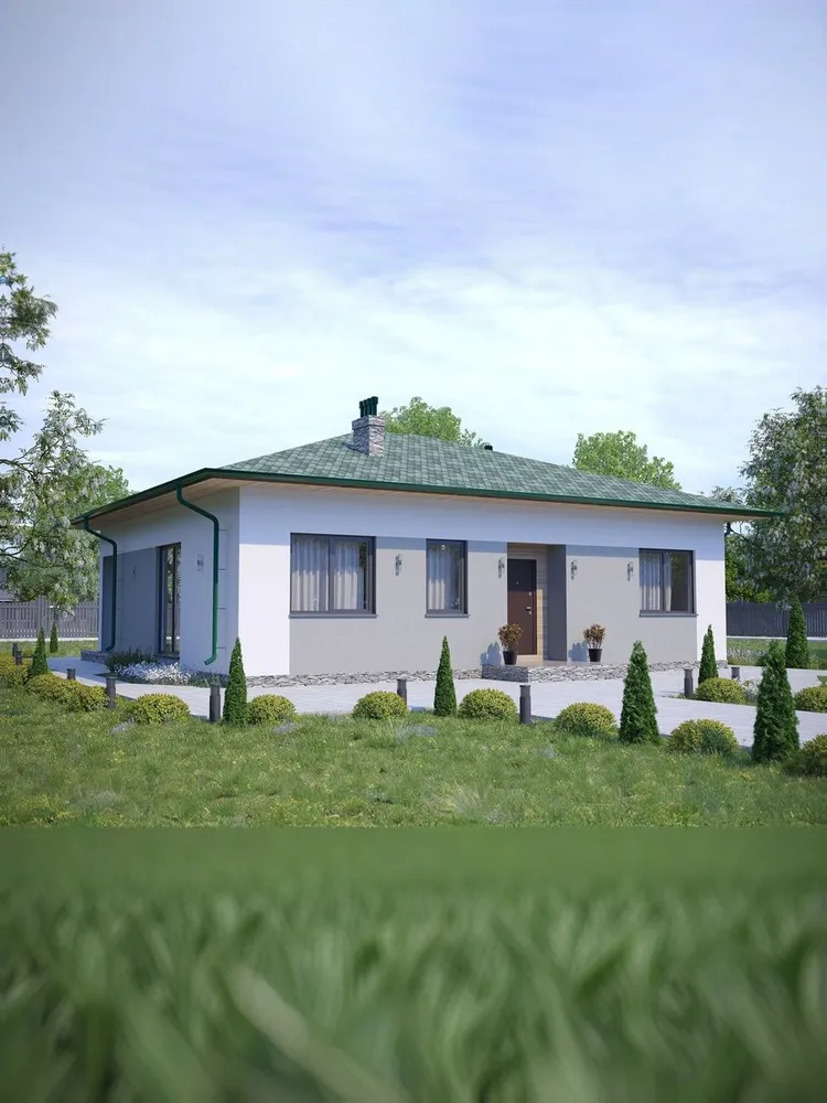 Проект одноэтажного дома размерами 12×10м (спальня 3, санузел 2, терраса)