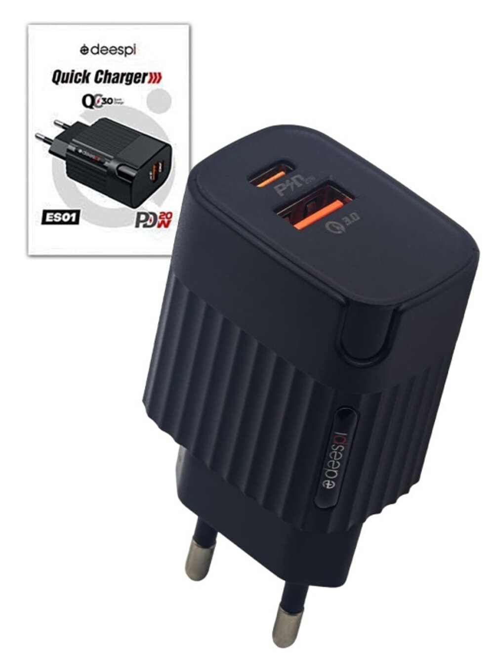 Зарядное устройство Deespi ES01 черный USB, TypeC, 20Вт, QC3.0