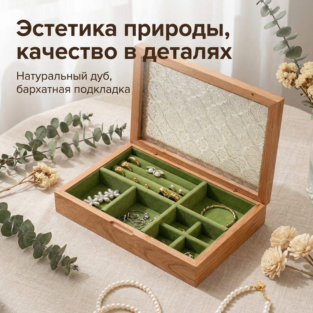 Шкатулка-сундук "Flora", дерево, зеленая, бежевая, светло-коричневая, белая