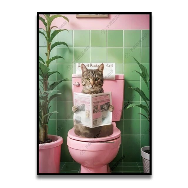 Принт на холсте "Кошка на унитазе", 55x80см, Розовый, SW10094