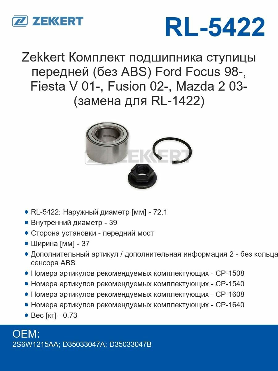 Zekkert Комплект подшипника ступицы передней (без ABS) Ford Focus 98-, Fiesta V 01-, Fusion 02-, Mazda 2 03- (замена для RL-1422)