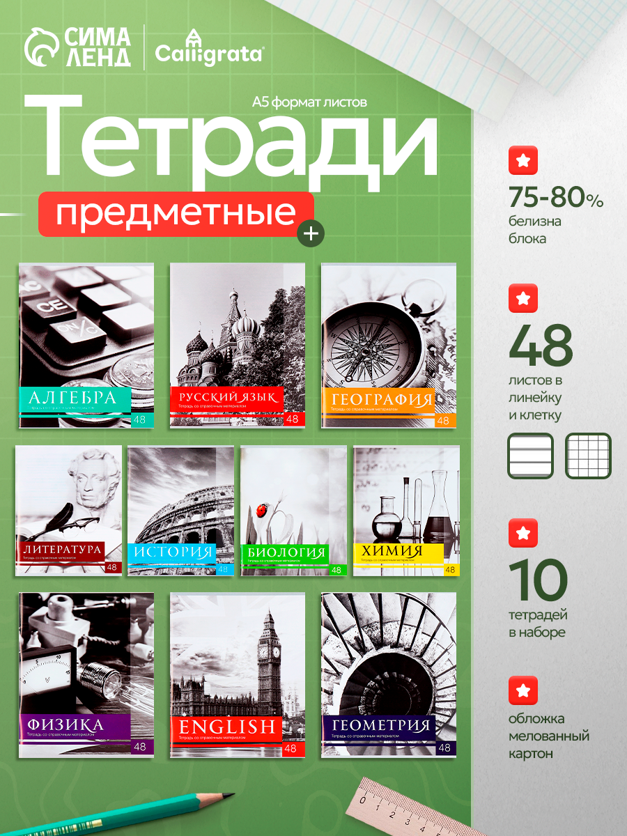 Набор предметных тетрадей 48 листов, Calligrata "Чёрное-белое", 10 предметов, серые листы