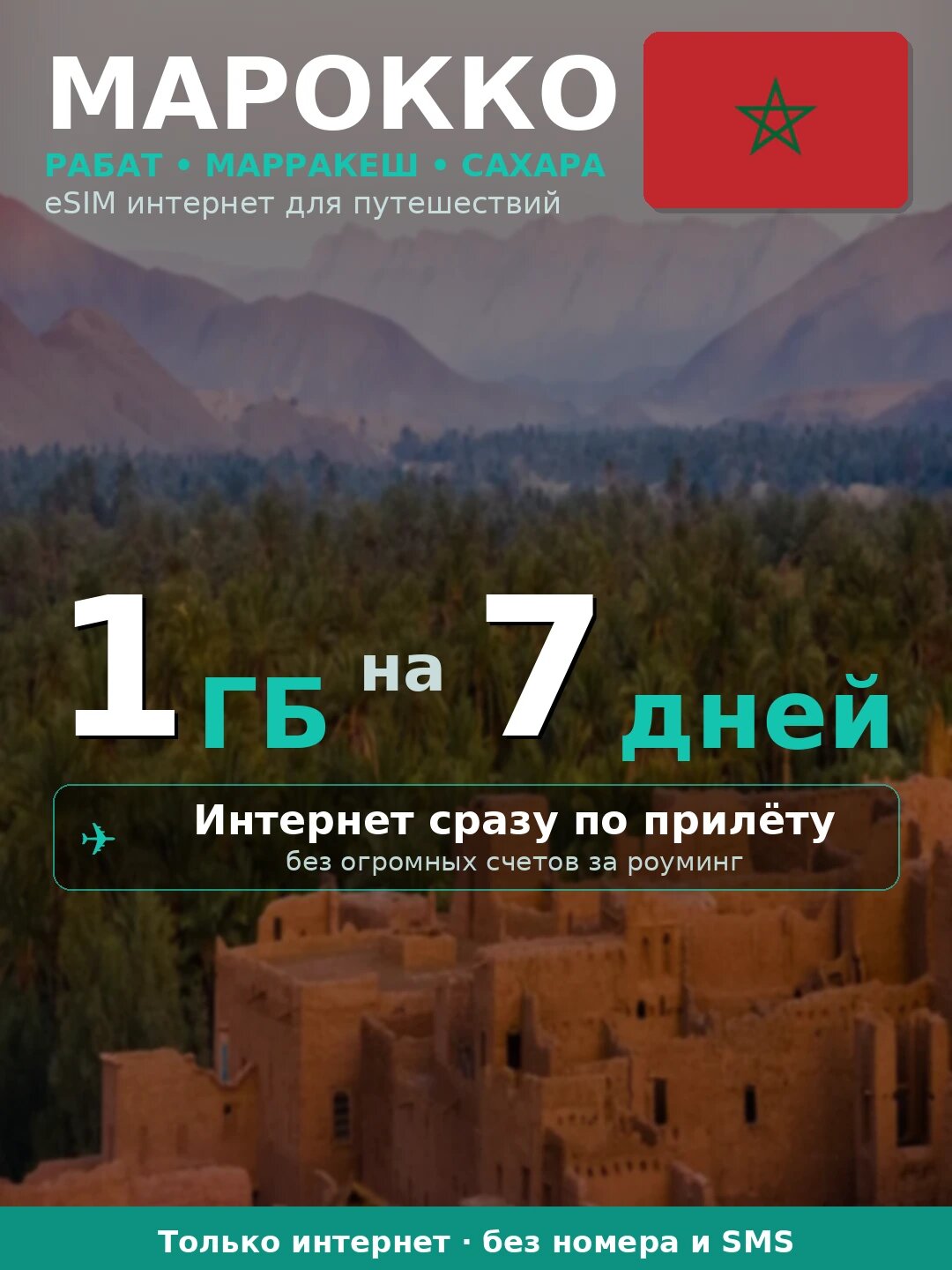 ESIM Марокко — мобильный интернет 1 ГБ на 7 дней | виртуальная SIM-карта для путешествий