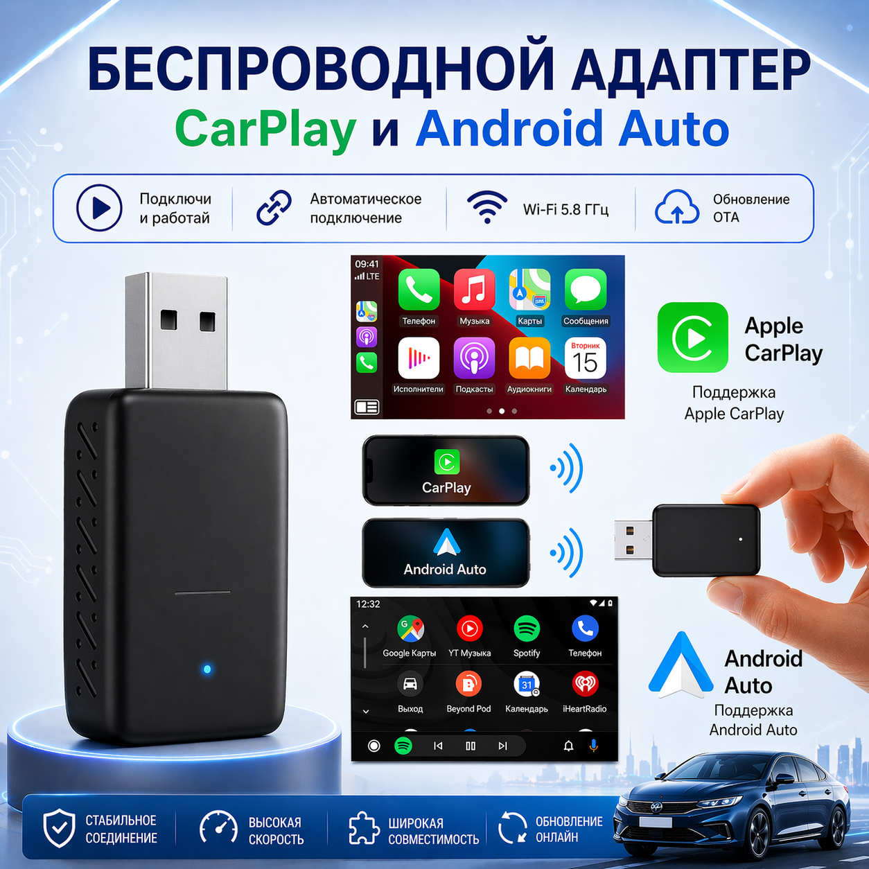 Беспроводной адаптер CarPlay IOS и Android Auto 2‑в‑1