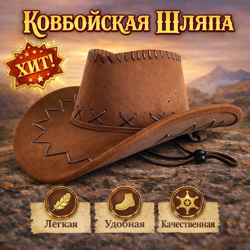 Ковбойская шляпа коричневая в стиле Дикого запада, коричневый