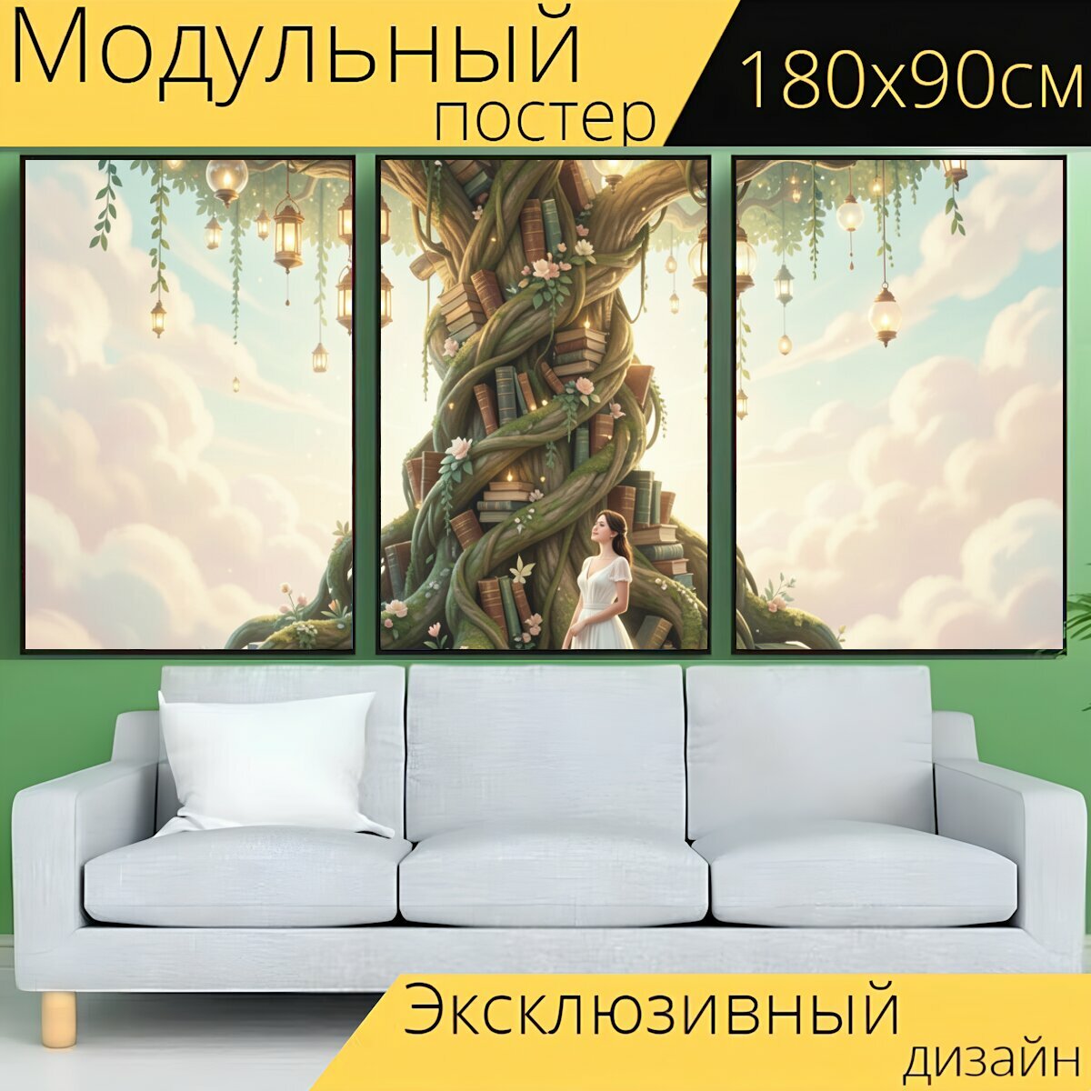 Модульный постер "Сказочное древо с томами. Фантазийная композиция: огромный переплетенный ствол, подвесные фонари, нежные цветы." 180 x 90 см. для интерьера на стену в тубусе